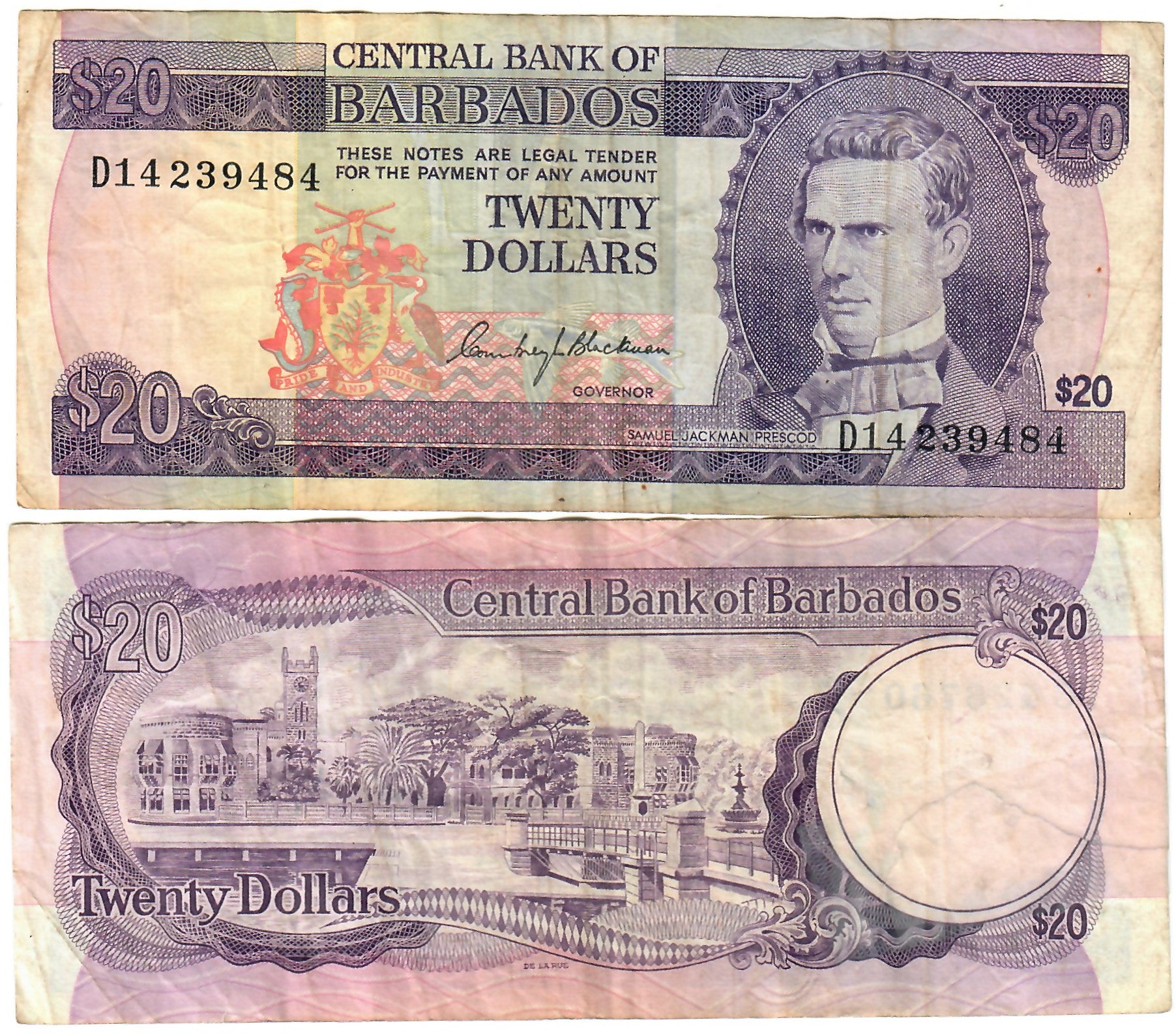 Barbados 20 Dollars 1973 F/VF "Blackman" – Davenport-Banknotes-and-Coins