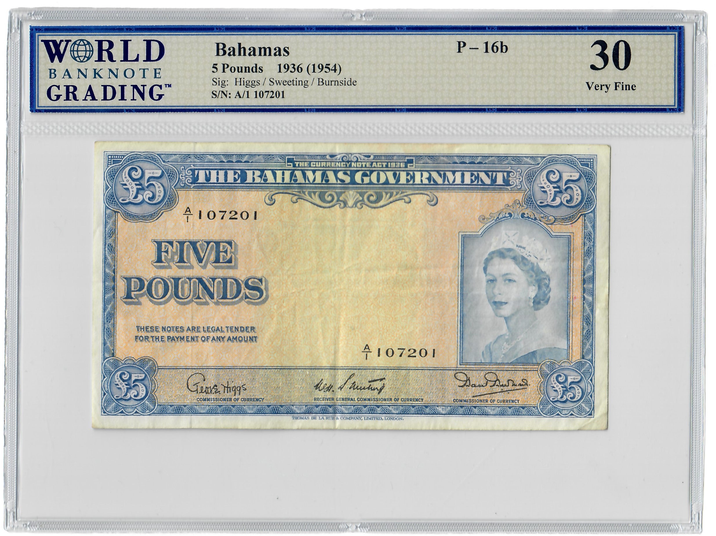 The Bahamas 5 Pounds 1936 (1954) VF "Higgs/Sweeting/Burnside" WBG Grad ...