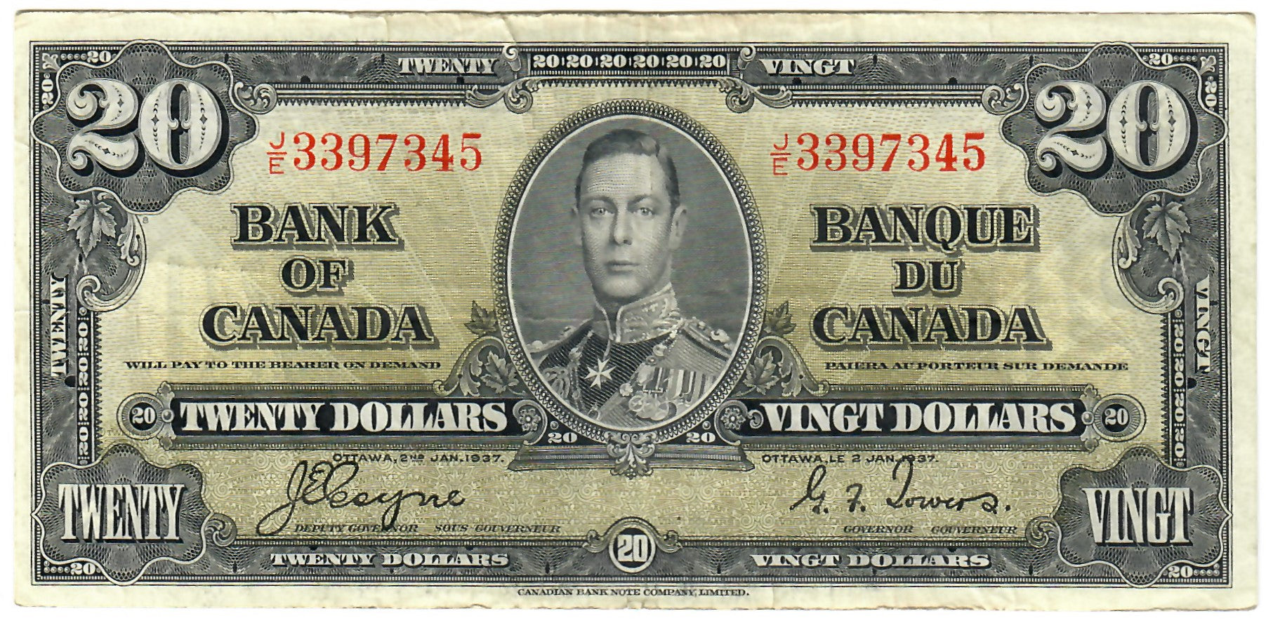 Canada 20 Dollars 1937 VF "J/E" Coyne-Towers – Davenport-Banknotes-and ...