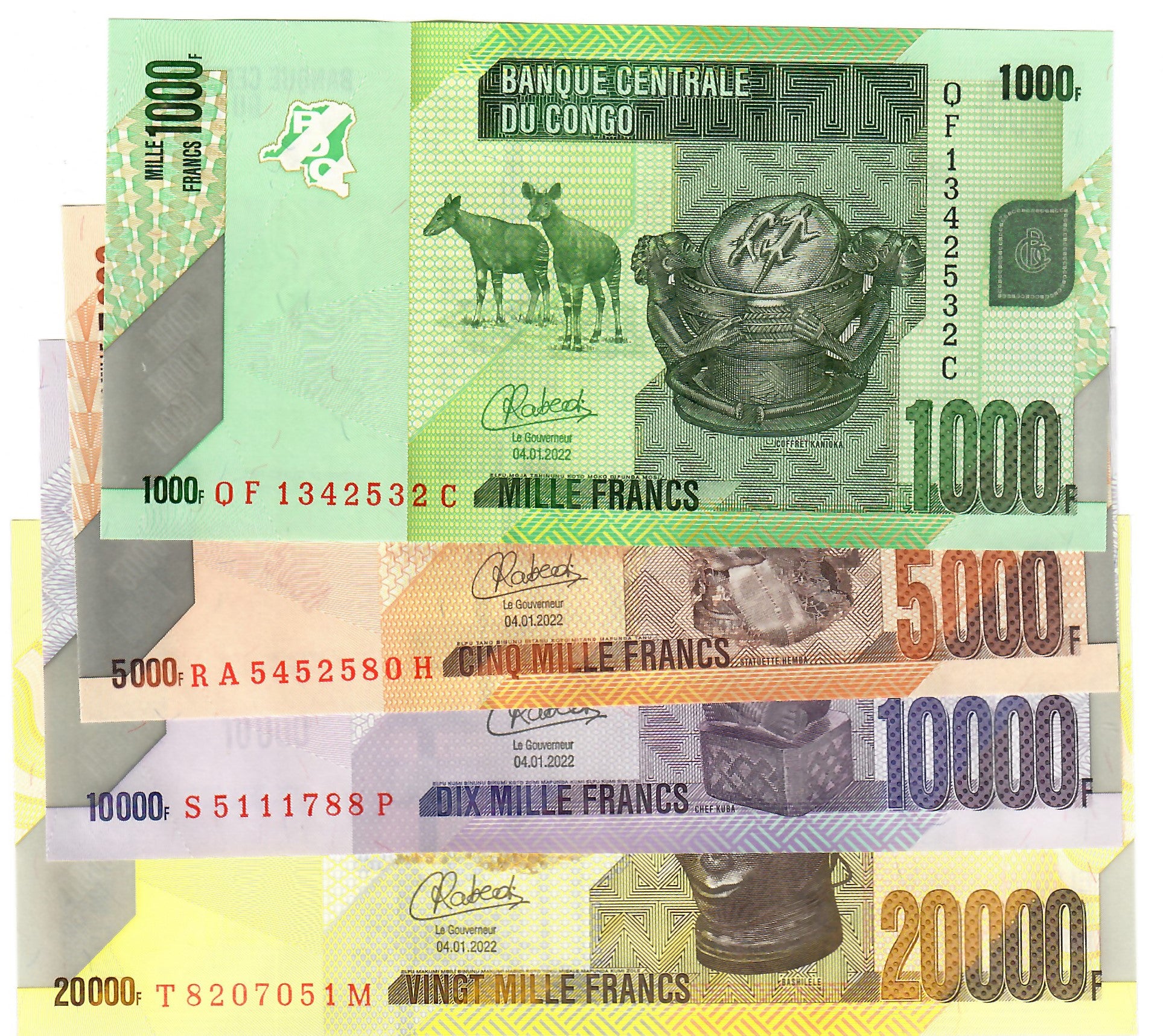 SET Democratic Republic of Congo 1000, 5000, 10000 & 20000 Francs 2022 ...