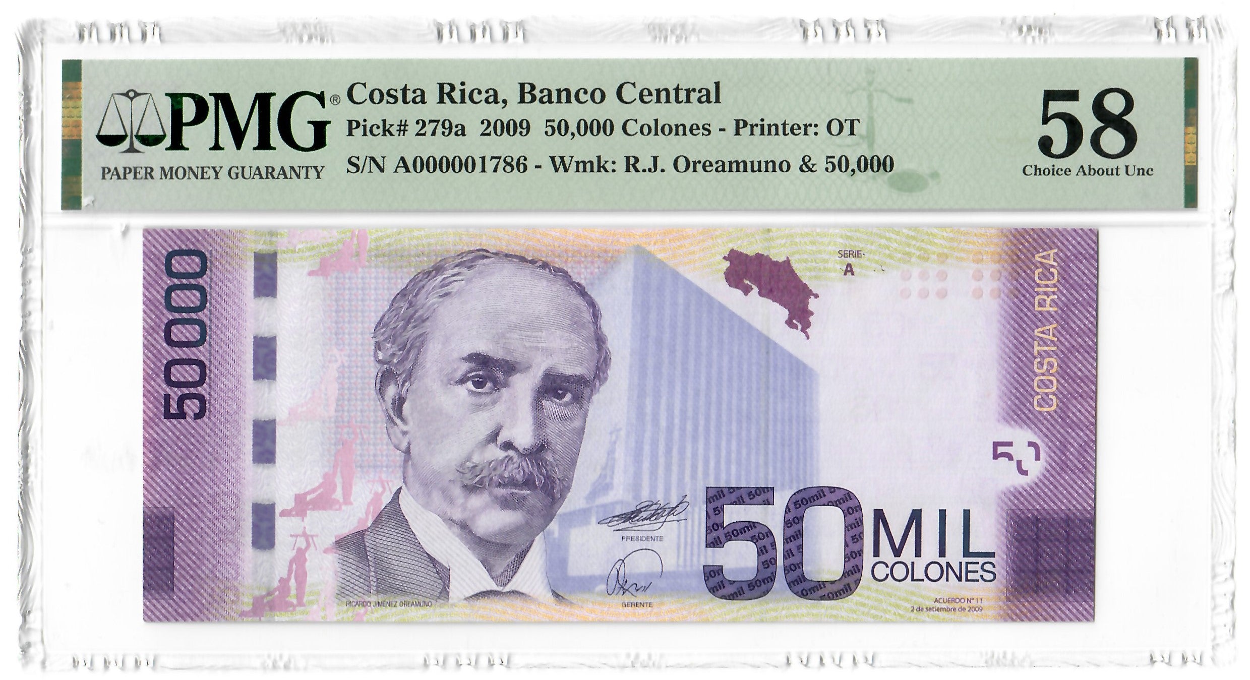 Costa Rica 50000 Colones 2009 Ch aUNC PMG Graded 58 LOW number ...