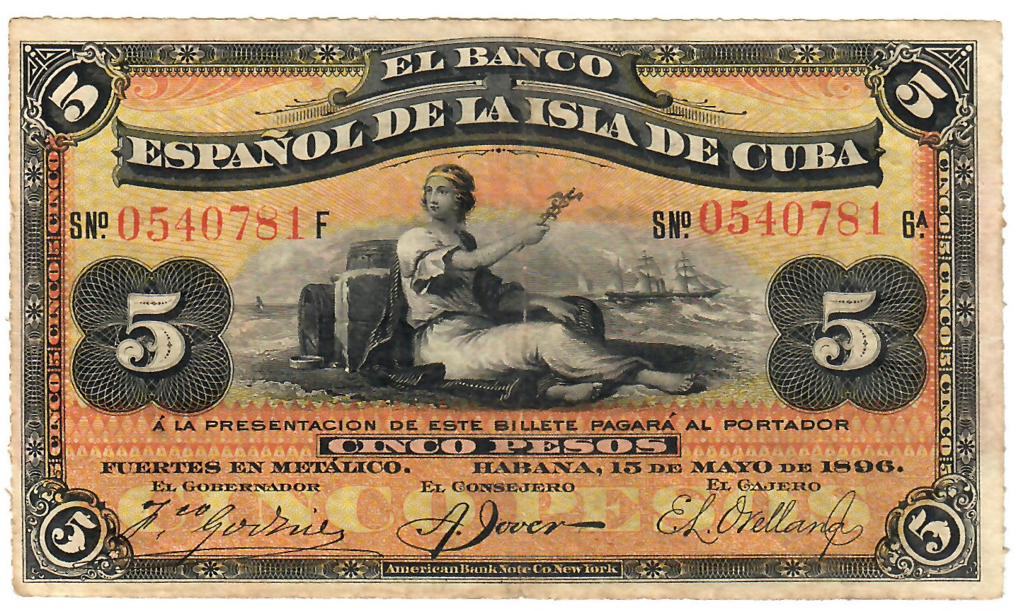 Caribbean 5 Pesos 1896 VF (PLATA overprint) – Davenport-Banknotes-and-Coins