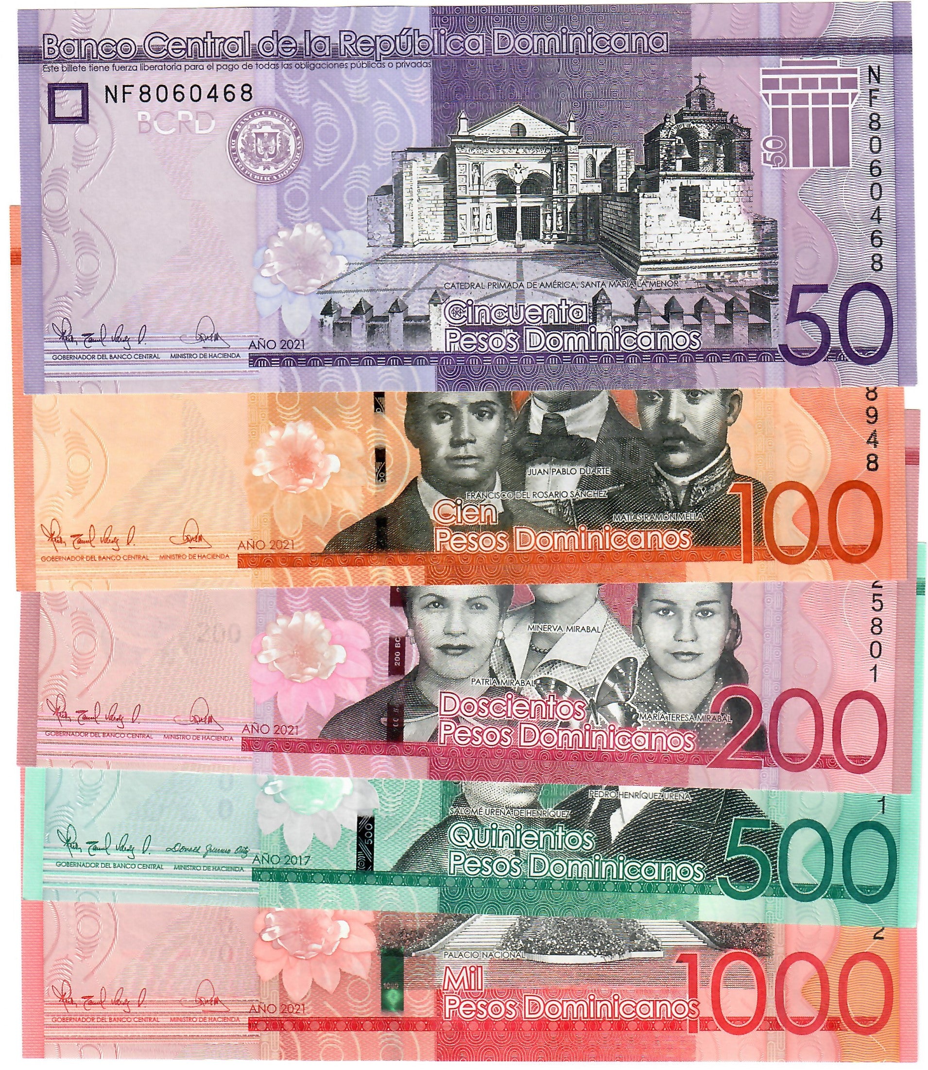 SET Dominican Republic 50, 100, 200, 500 & 1000 Pesos 2017-2023 UNC ...