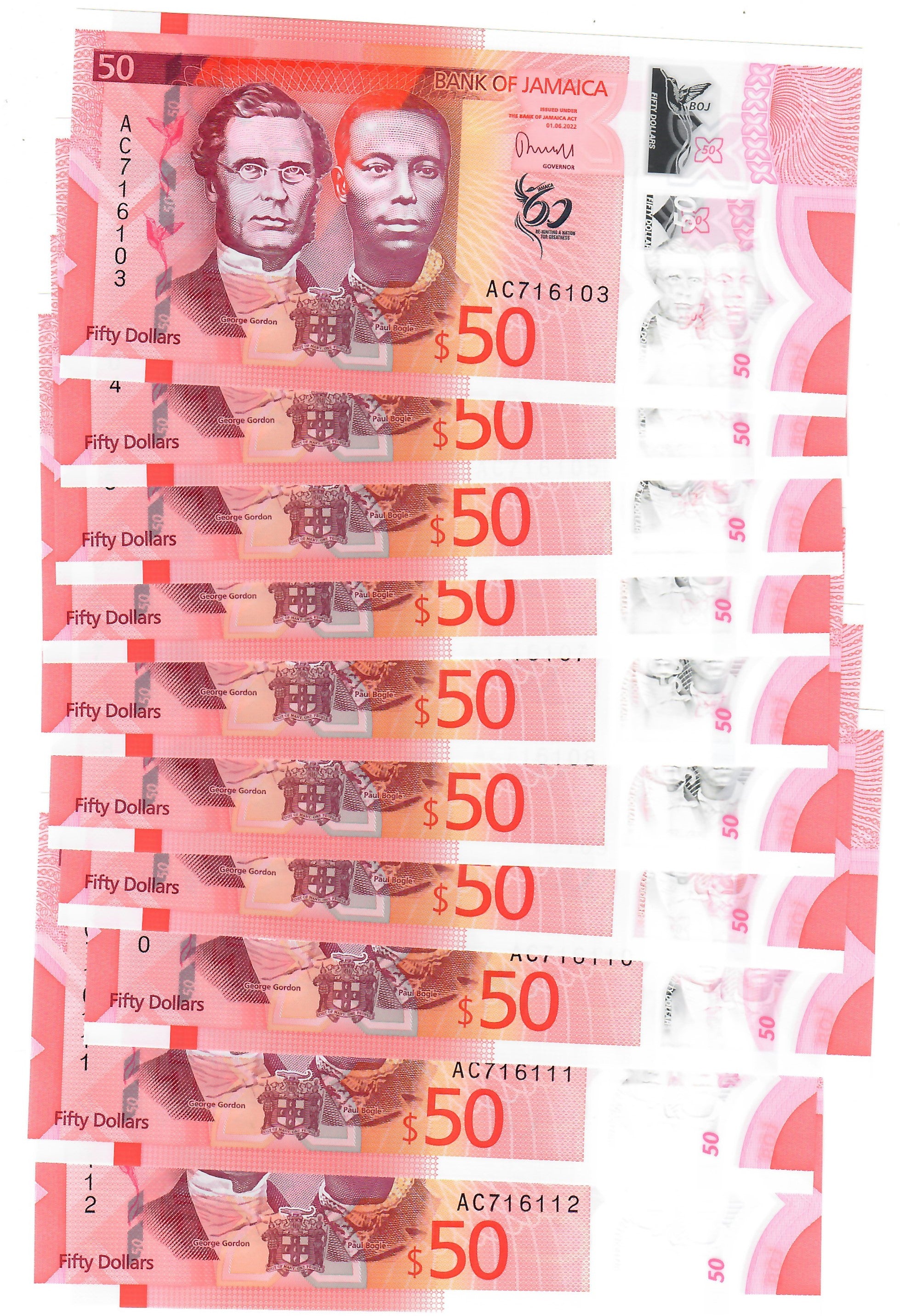 Jamaica 10x 50 Dollars 2022 (2023) UNC – Davenport-Banknotes-and-Coins
