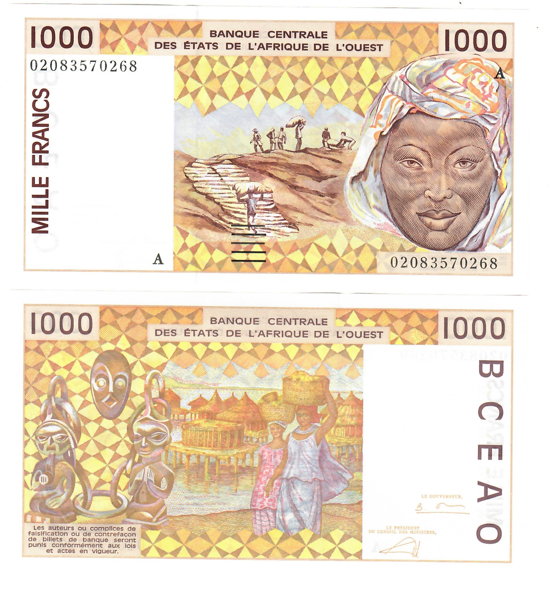 Ivory Coast 1000 Francs CFA 2002 UNC "A" – Davenport-Banknotes-and-Coins