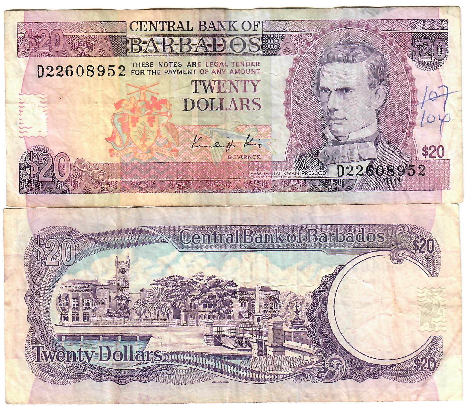 Barbados 20 Dollars 1988 F/VF "King" – Davenport-Banknotes-and-Coins