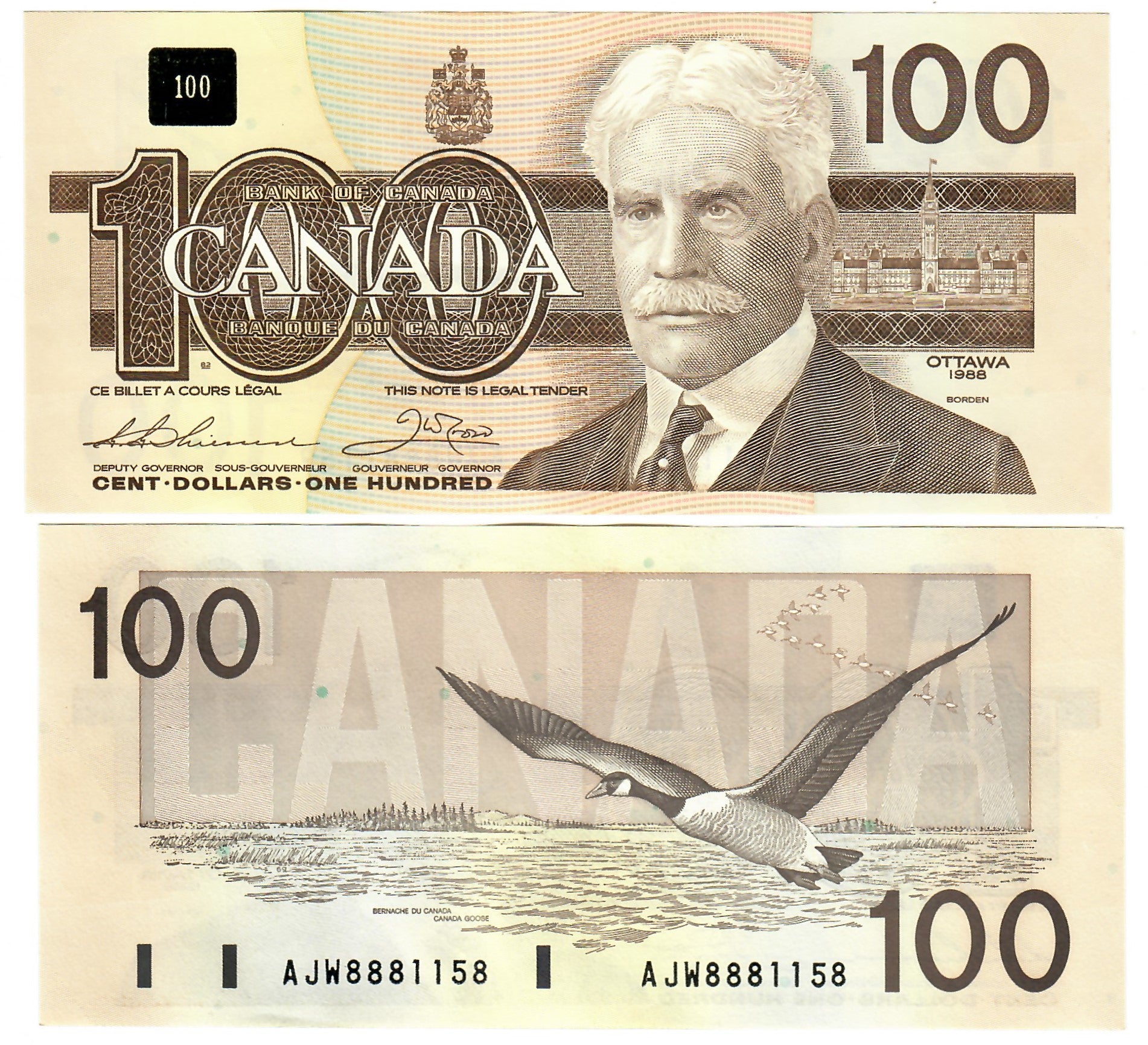 Canada 100 Dollars 1988 aUNC "AJW" Thiessen-Crow – Davenport-Banknotes ...