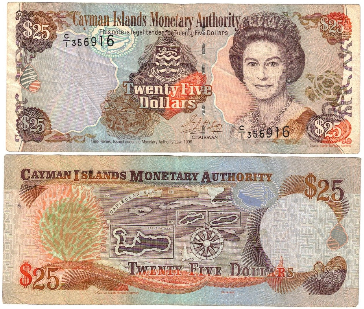 Cayman Islands 25 Dollars 1998 VF – Davenport-Banknotes-and-Coins