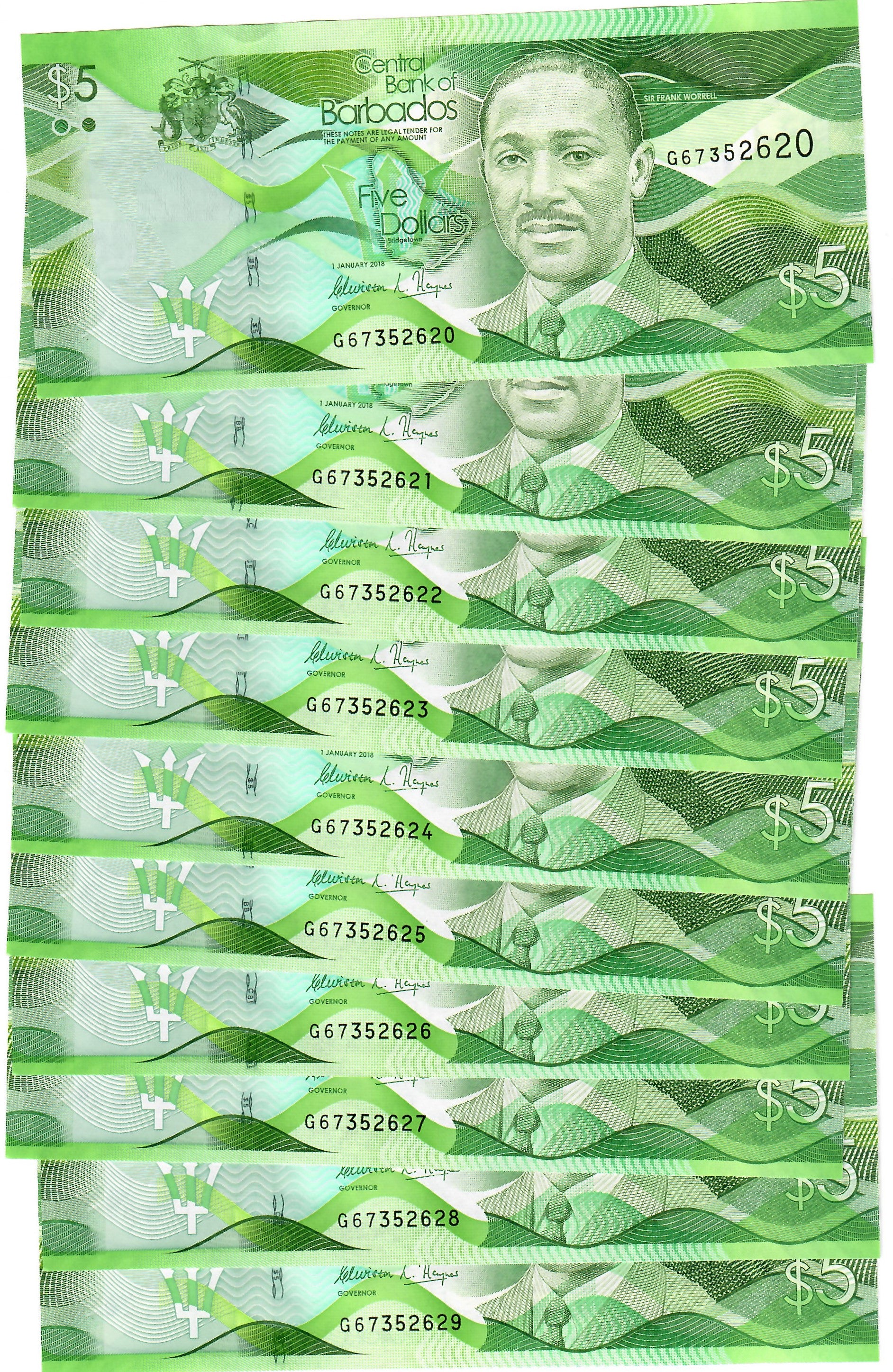 Barbados 10x 5 Dollars 2018 UNC "Haynes" – Davenport-Banknotes-and-Coins