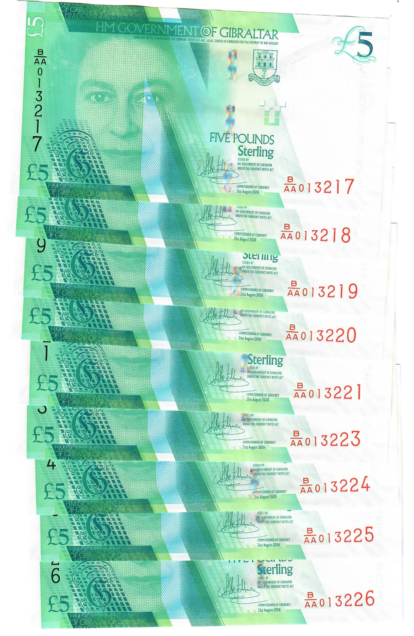 Gibraltar 10x 5 Pounds 2020 (2021) UNC – Davenport-Banknotes-and-Coins