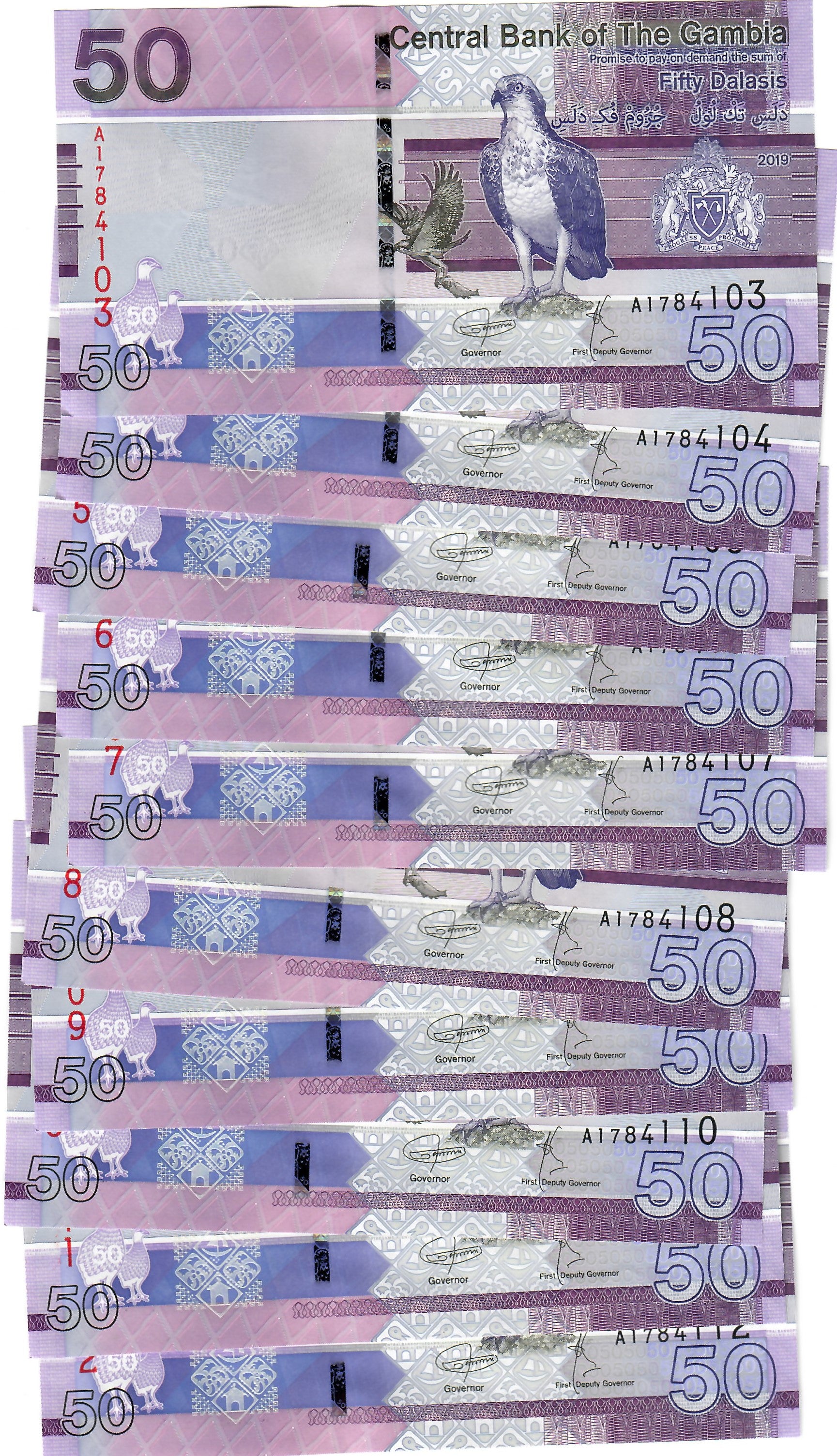 The Gambia 10x 50 Dalasis 2019 UNC – Davenport-Banknotes-and-Coins