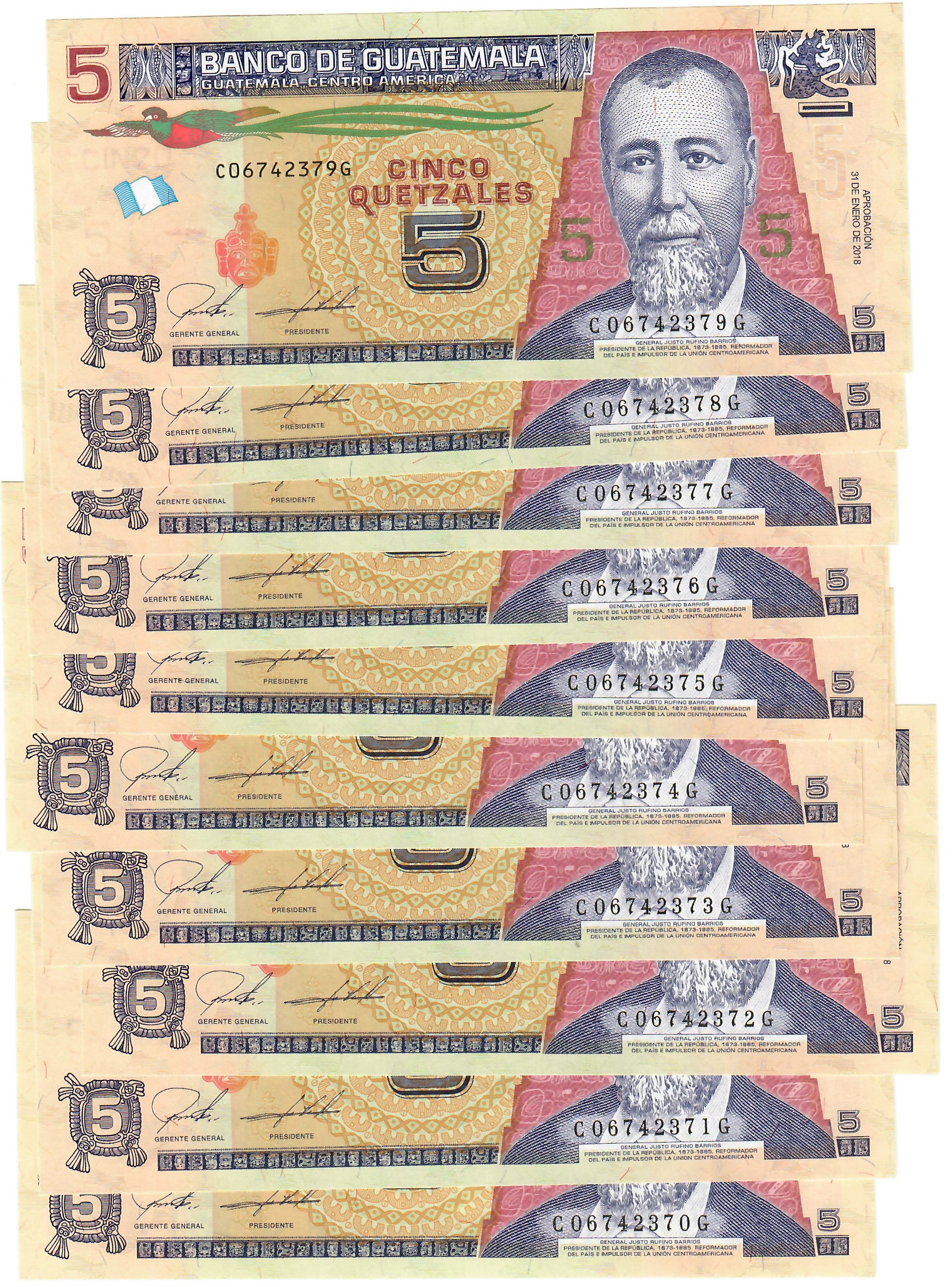 Guatemala 10x 5 Quetzales 2018 UNC – Davenport-Banknotes-and-Coins