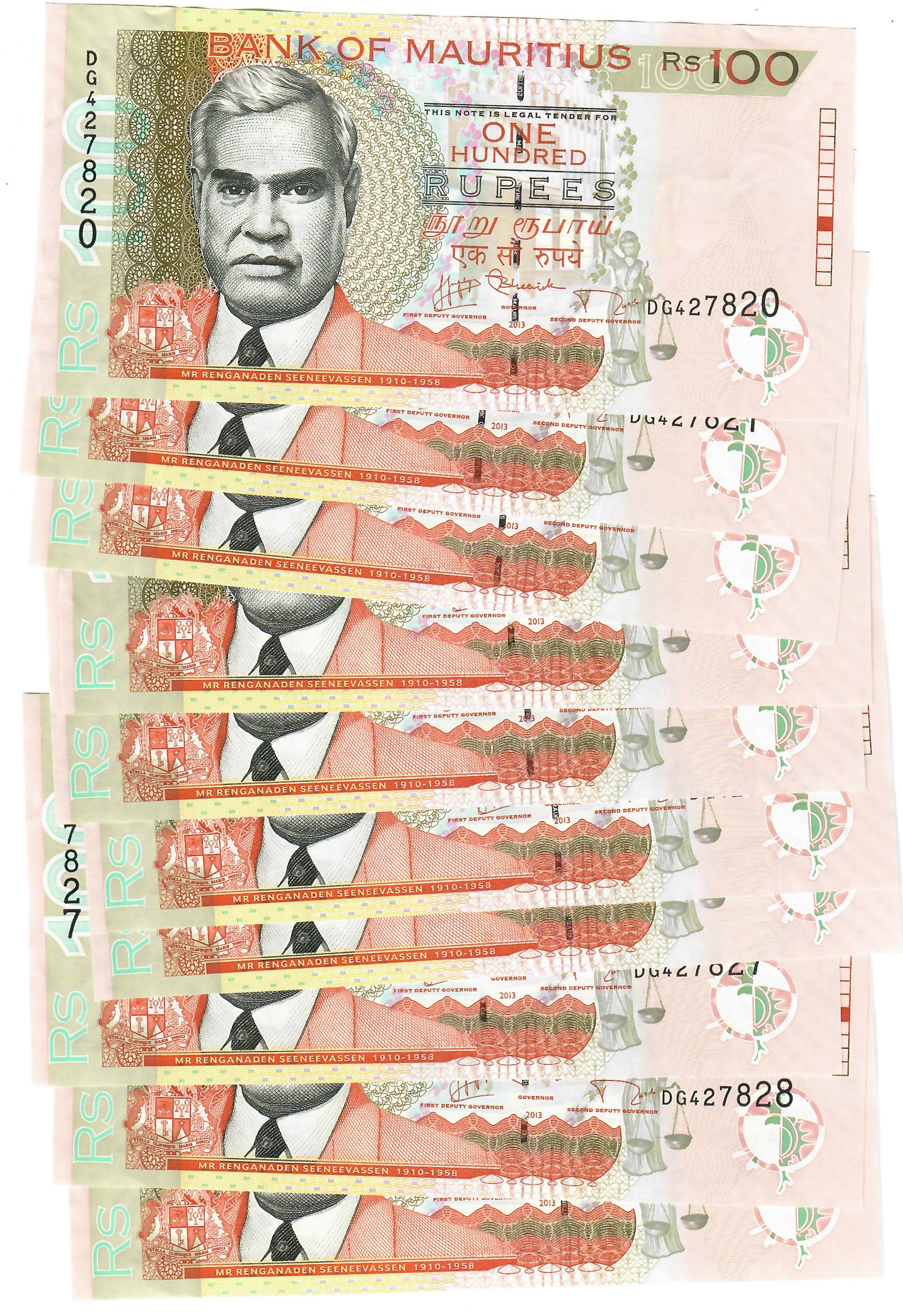 Mauritius 10x 100 Rupees 2013 aUNC – Davenport-Banknotes-and-Coins