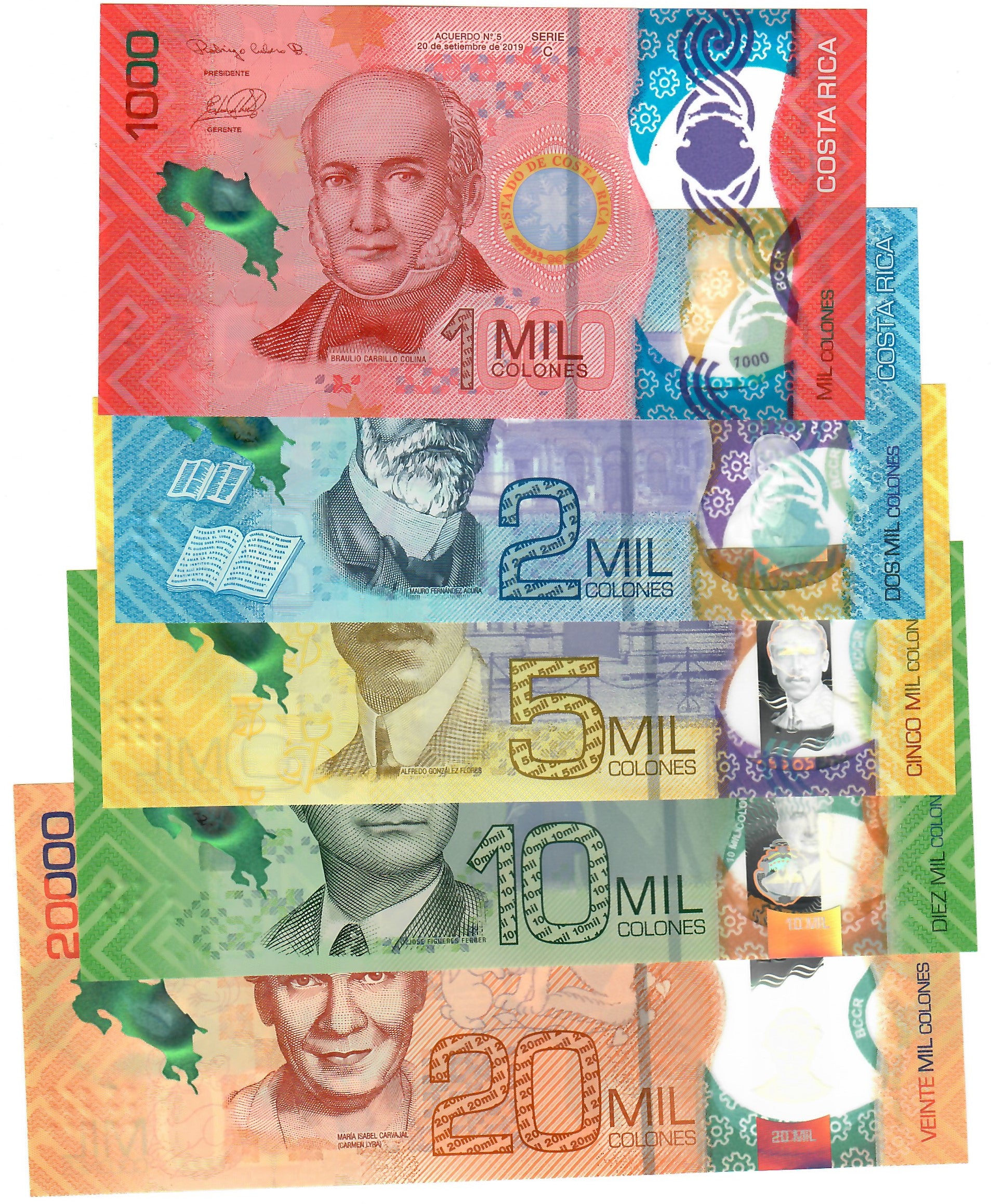 FULL SET Costa Rica 1000, 2000, 5000, 10000 & 20000 Colones 2019 (2020 ...