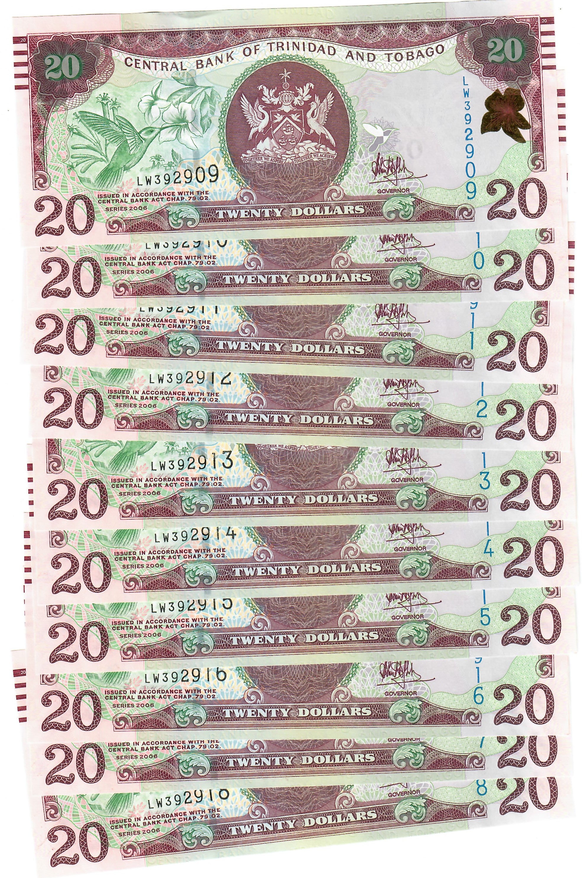 Trinidad and Tobago 10x 20 Dollars 2017 UNC – Davenport-Banknotes-and-Coins