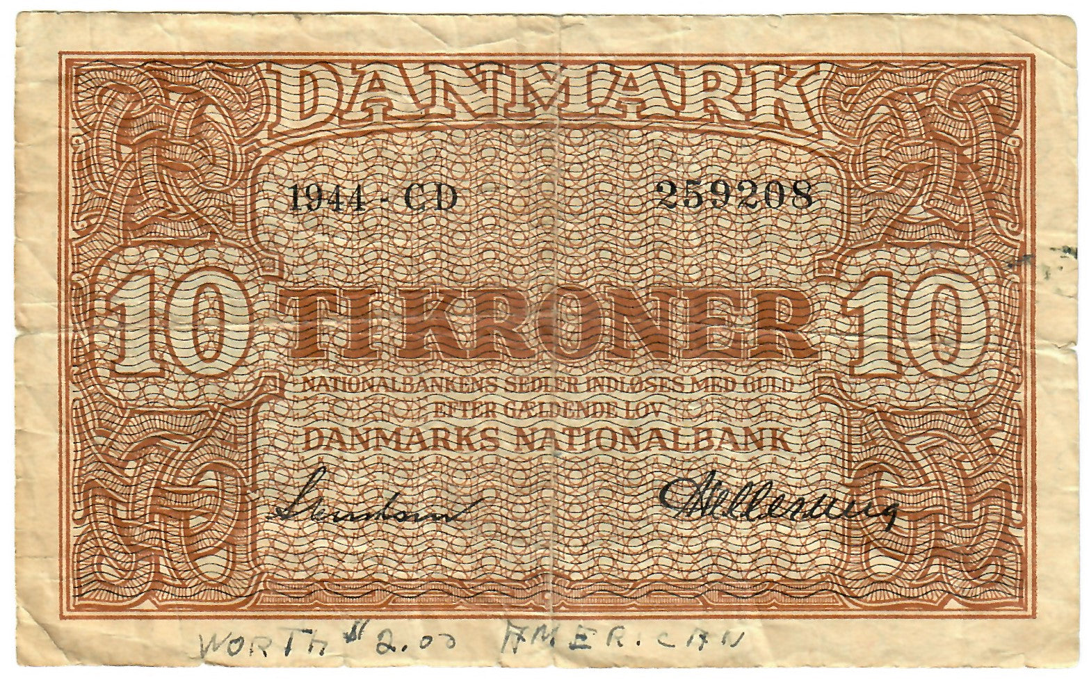 Denmark 10 Kroner 1944 VF "Hellerung" – Davenport-Banknotes-and-Coins