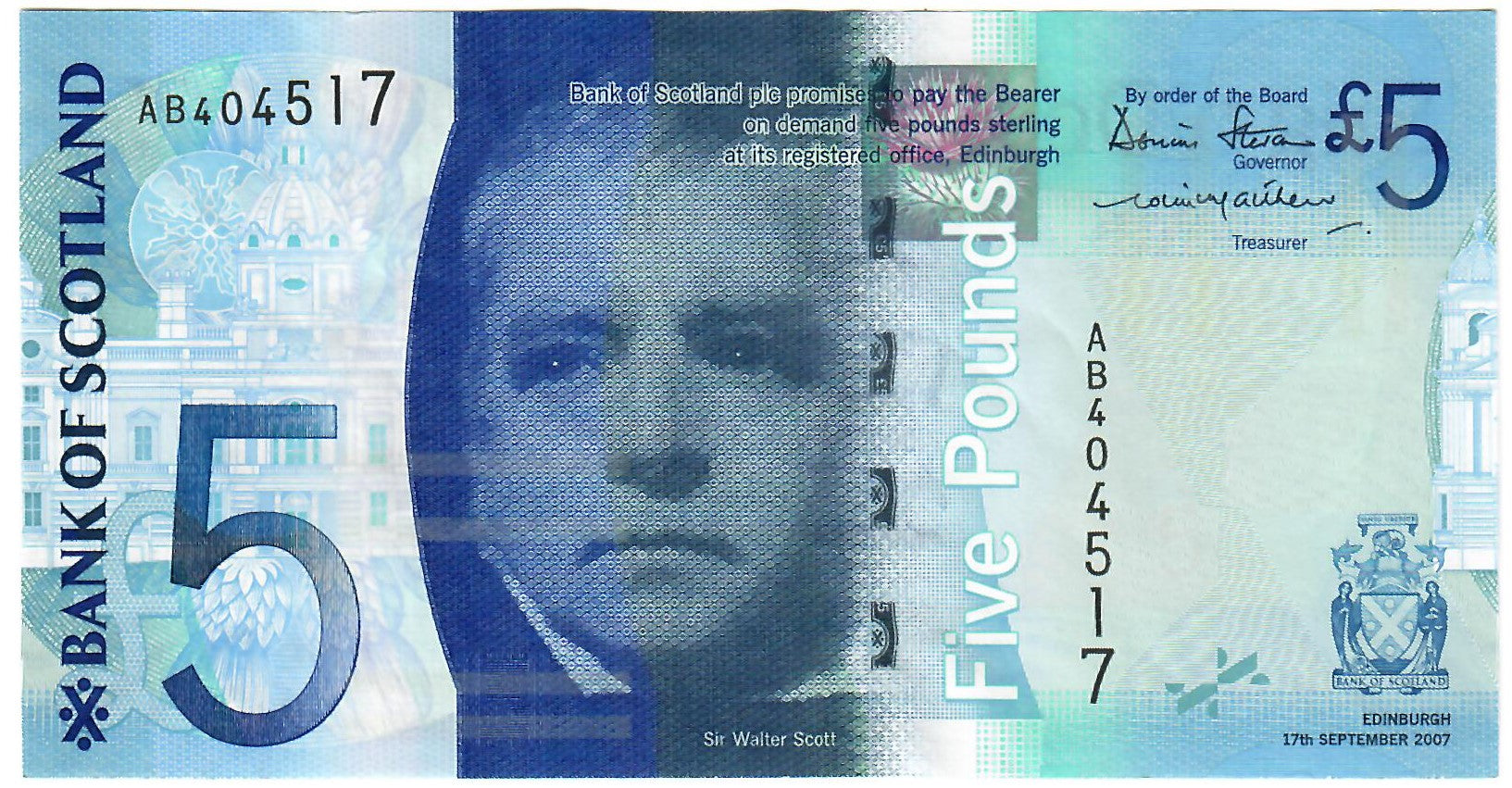Scotland 5 Pounds 2007 aUNC Bank of Scotland "AB" – Davenport-Banknotes ...